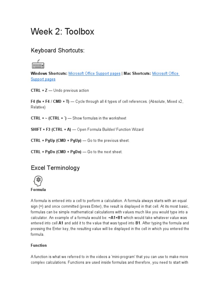Week 2 Excel Shortcuts | PDF | Formula | Microsoft Excel
