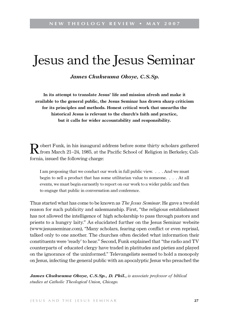 Jesus and The Jesus Seminar: James Chukwuma Okoye, C.S.SP | PDF ...