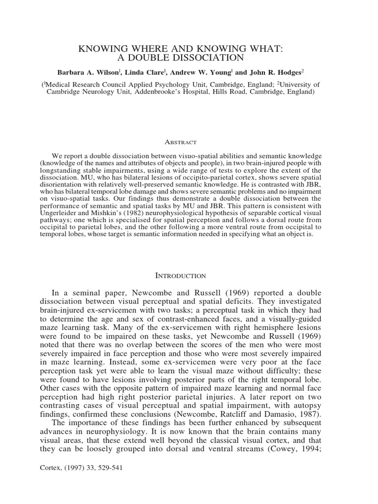 Knowing Where and Knowinh Mhat A Double Dissociation Barbara Wilson ...