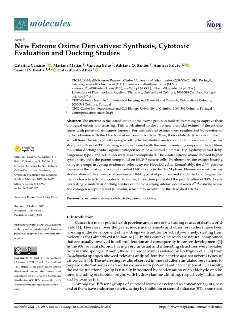 Molecules: New Estrone Oxime Derivatives: Synthesis, Cytotoxic Evaluation and Docking Studies ...