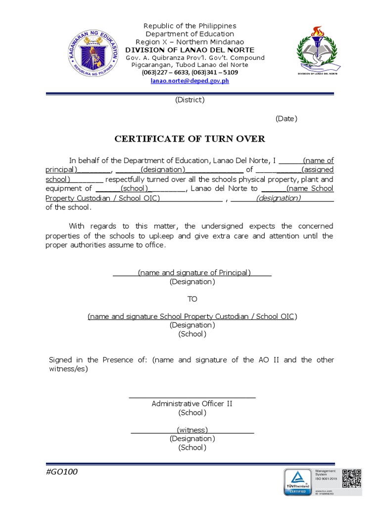 Certificate of Turn Over: Division of Lanao Del Norte | PDF
