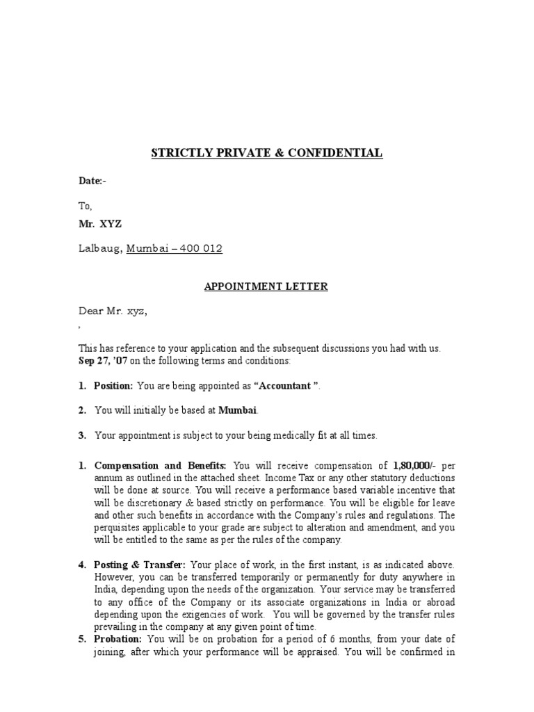 Appointment Letter FORMAT | PDF | Employee Benefits | Employment