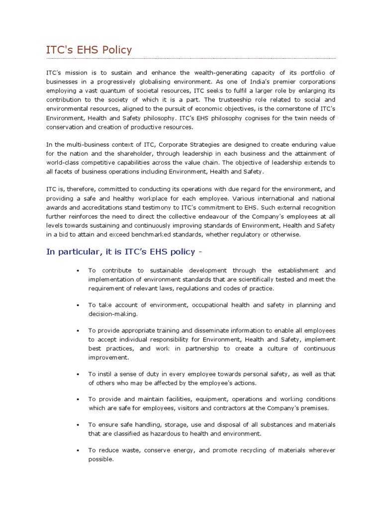 In Particular, It Is ITC's EHS Policy | Download Free PDF | Economies ...