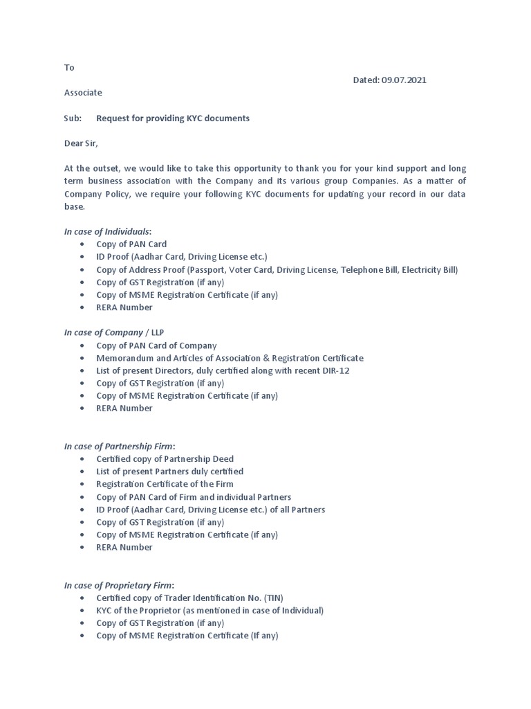 Request For Providing KYC Documents: in Case of Individuals | PDF