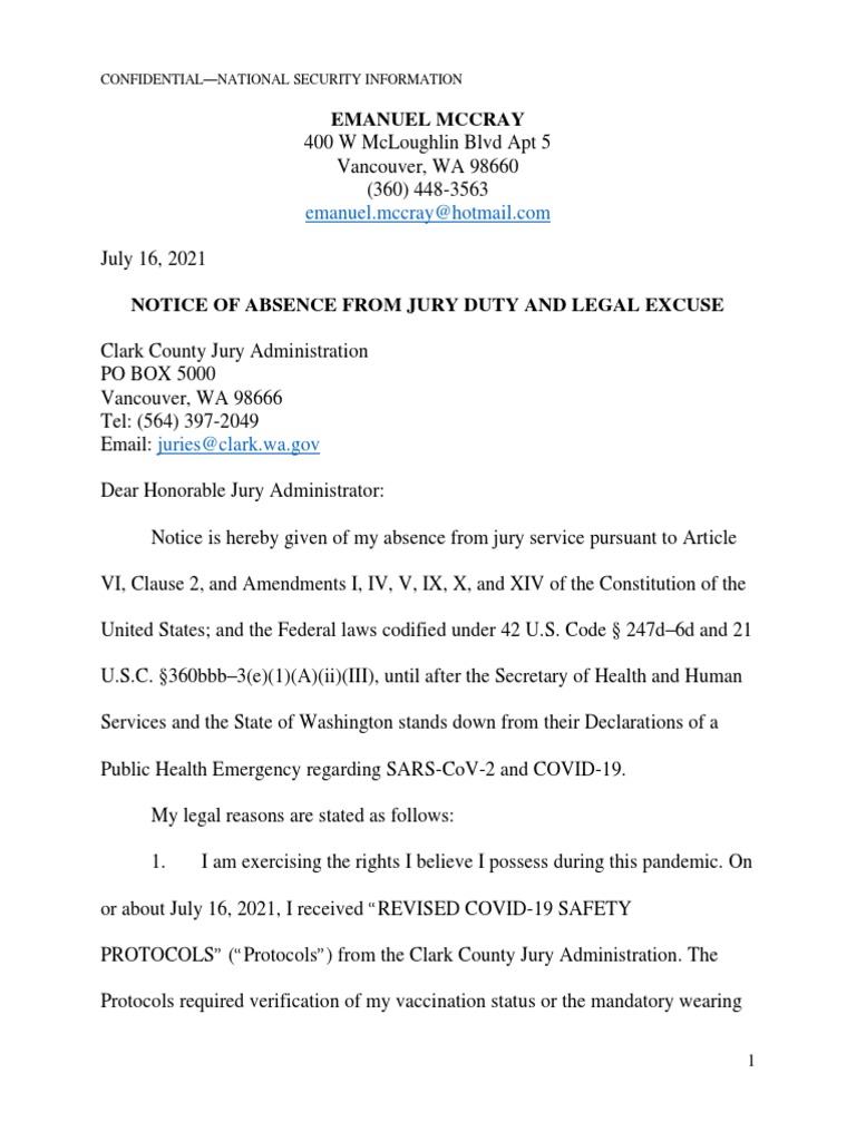 Notice of Absence From Jury Duty and Legal Excuse | PDF | Infection ...