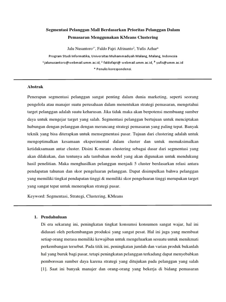 Segmentasi Pelanggan Mall Menggunakan KMeans Clustering | PDF