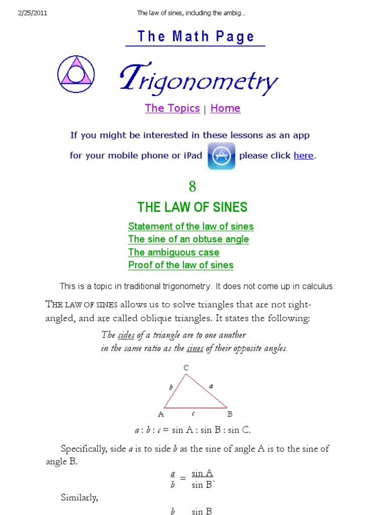 The Law of Sines, Including The Ambiguous Case | PDF | Sine ...