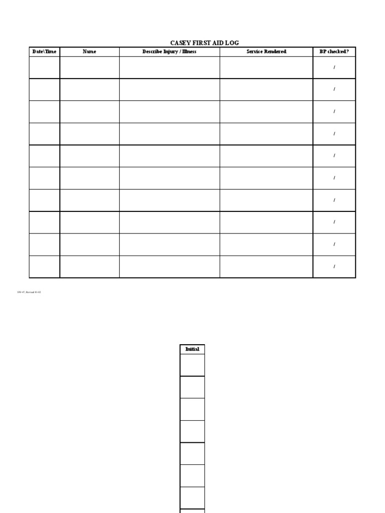 Casey First Aid Log: Date/Time Name Describe Injury / Illness Service ...
