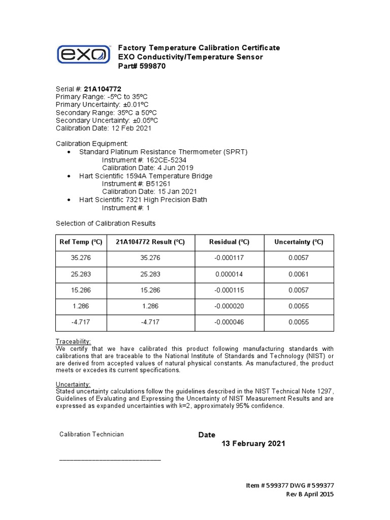 Factory Temperature Calibration Certificate EXO Conductivity ...