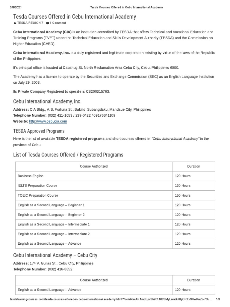 Tesda Courses Offered in Cebu International Academy | PDF | English As ...