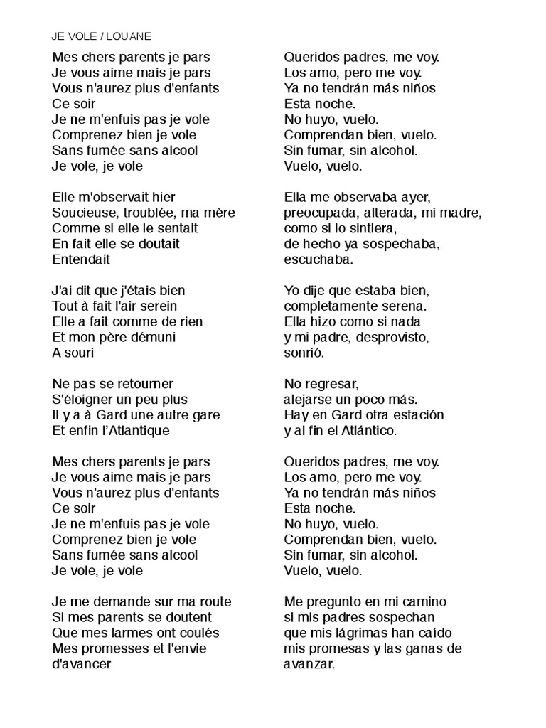 JE VOLE Letras de Canción en Español y Francés | PDF
