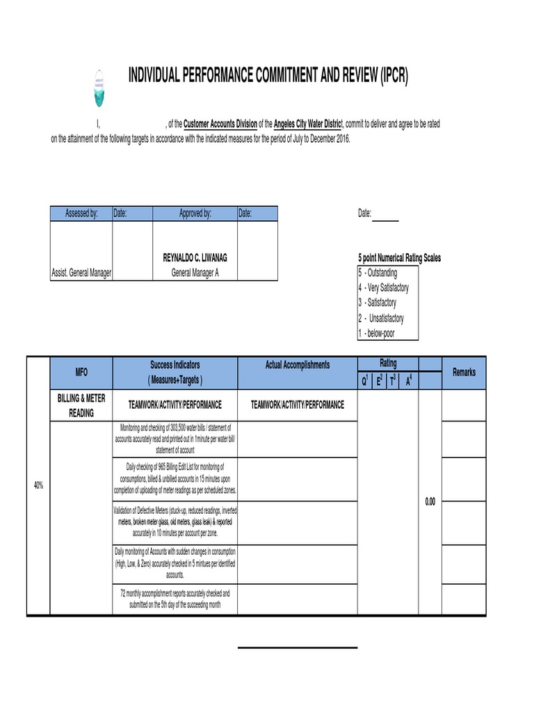 Individual Performance Commitment and Review (Ipcr) | PDF | Debits And ...