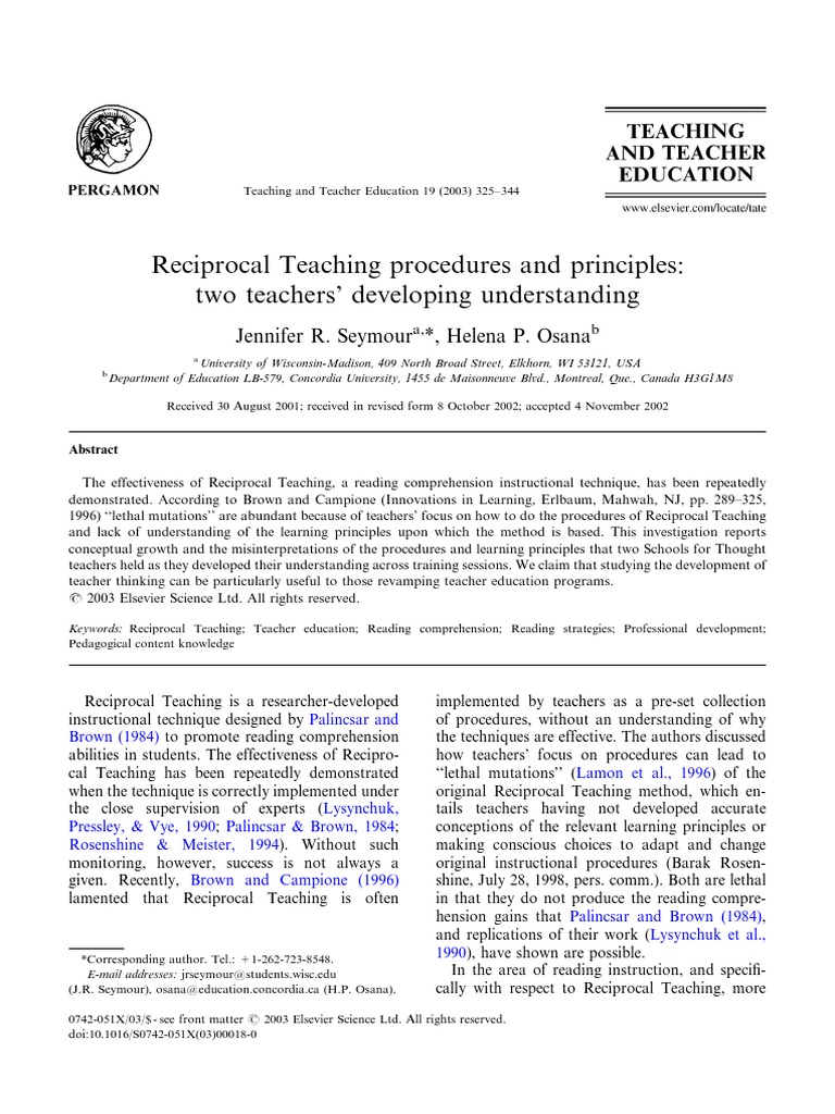 Teachers' developing understanding of Reciprocal Teaching | PDF ...