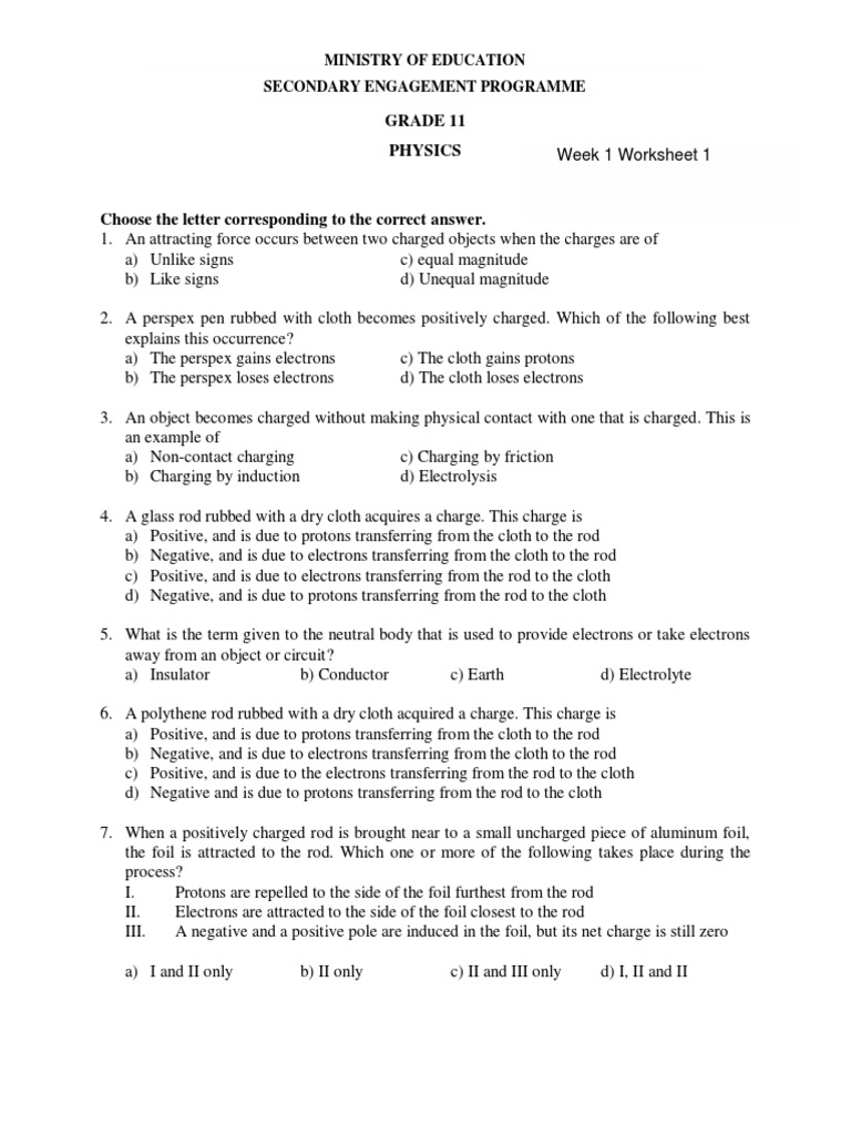 Grade 11 Physics Week 1 Worksheet 1 and Solutions | PDF | Electric ...