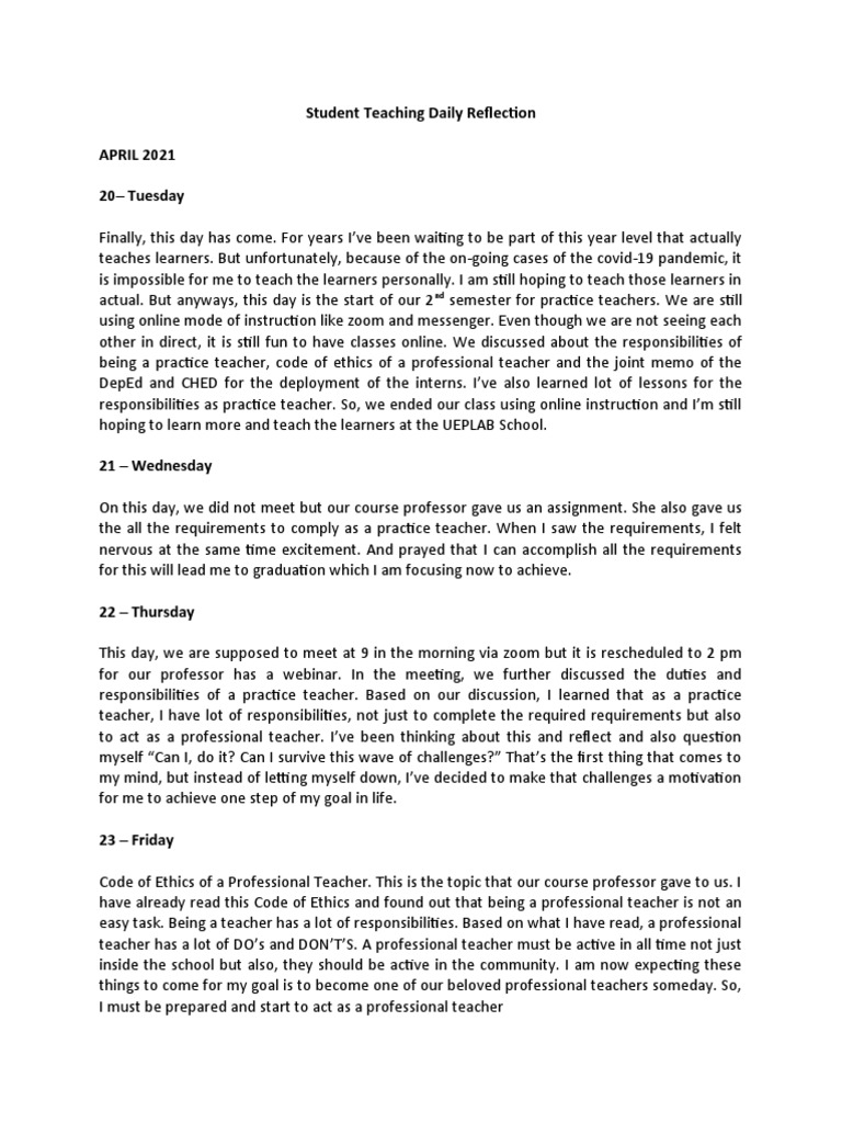 Student Teaching Daily Reflection | PDF | Lesson Plan | Teachers