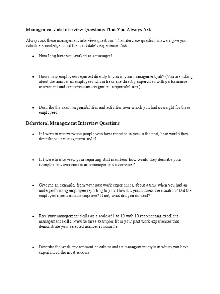 Management Job Interview Questions That You Always Ask | PDF | Human ...