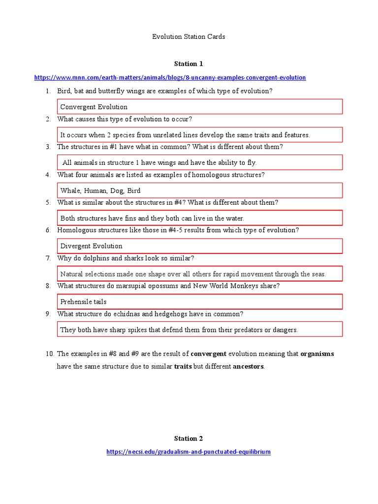 Evolution Station Cards BIOLOGY COMPLETE WORSHEET ASSIGNMENT ANSWERS ...