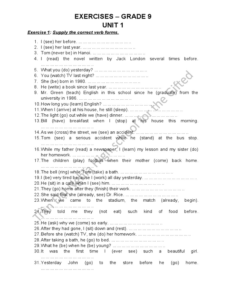 Exercises - Grade 9 Unit 1: Exercise 1: Supply The Correct Verb Forms ...