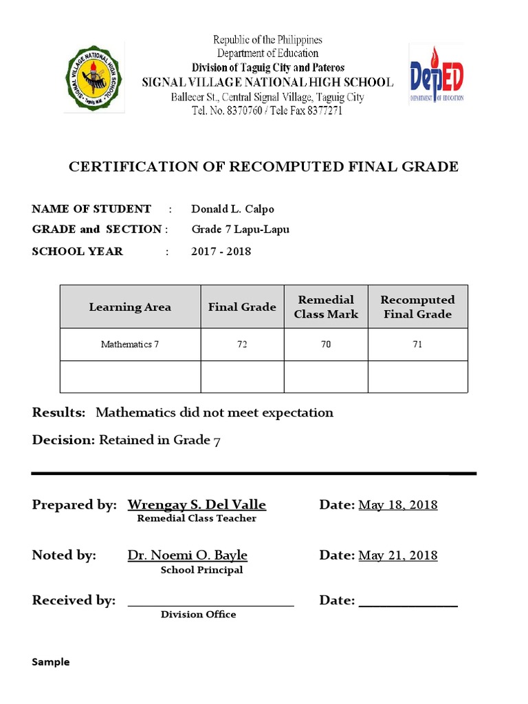 Certificate of Recomputed Final Grade | PDF