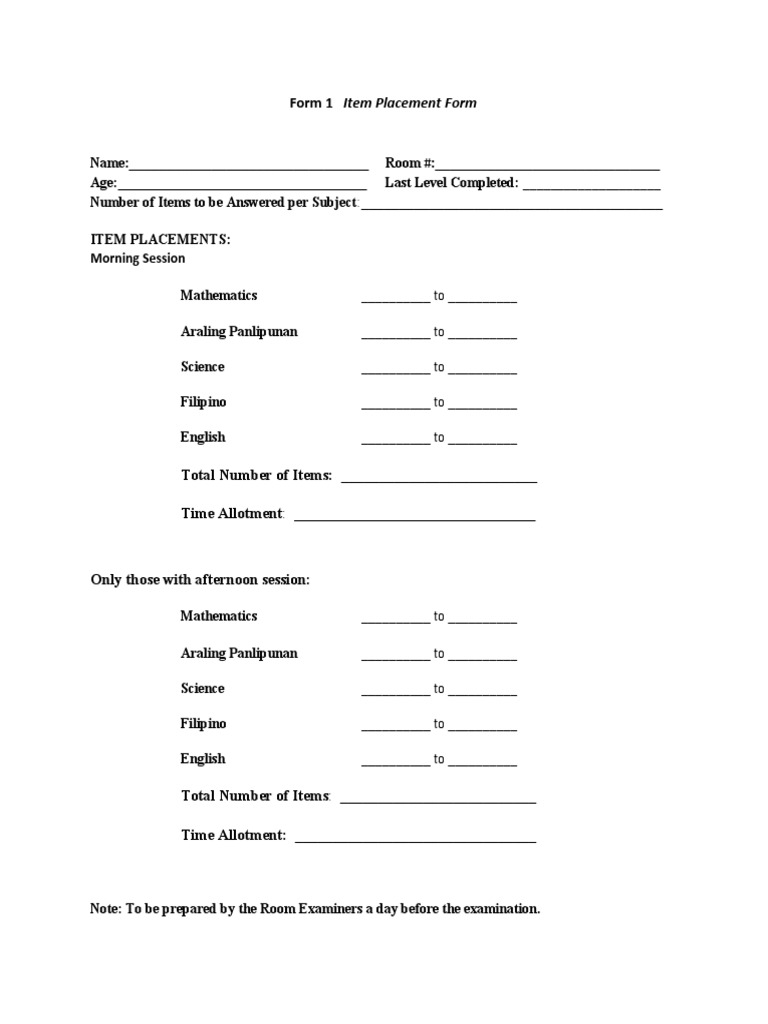 PEPT Item Placement Form (Form 1) | PDF | Teaching Methods & Materials ...