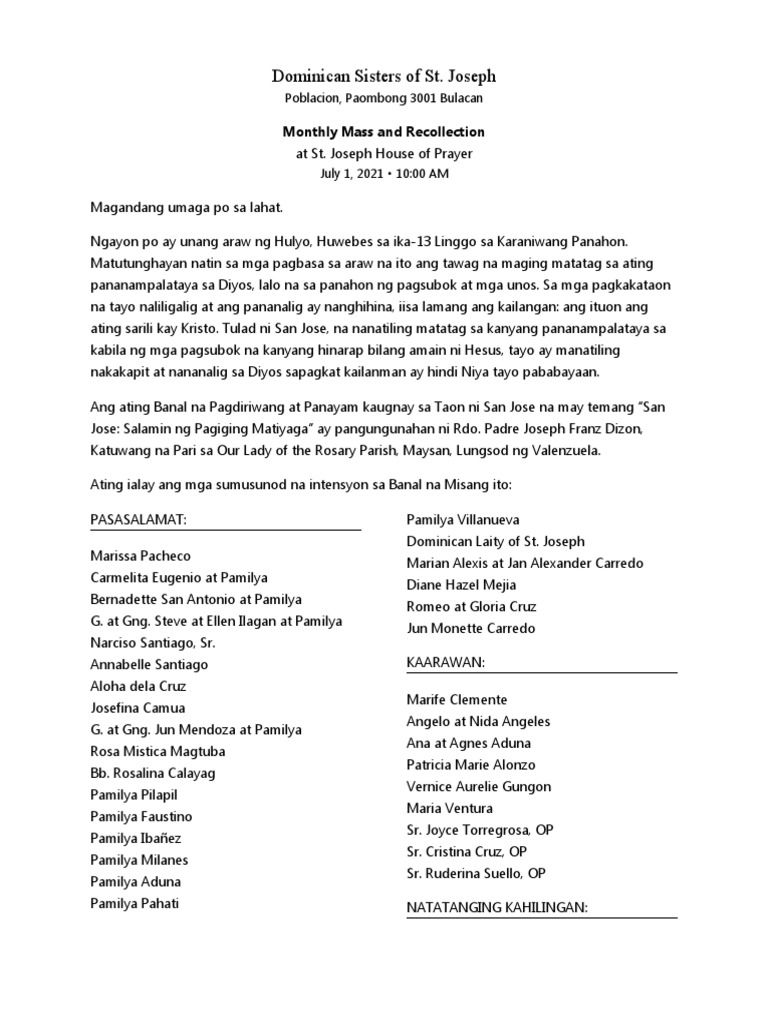 Mass Intro and Intentions | PDF