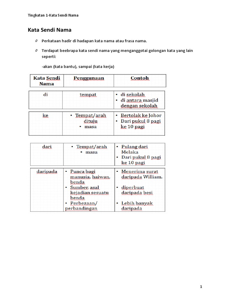 Nota Kata Sendi Nama Tingkatan 1 | PDF