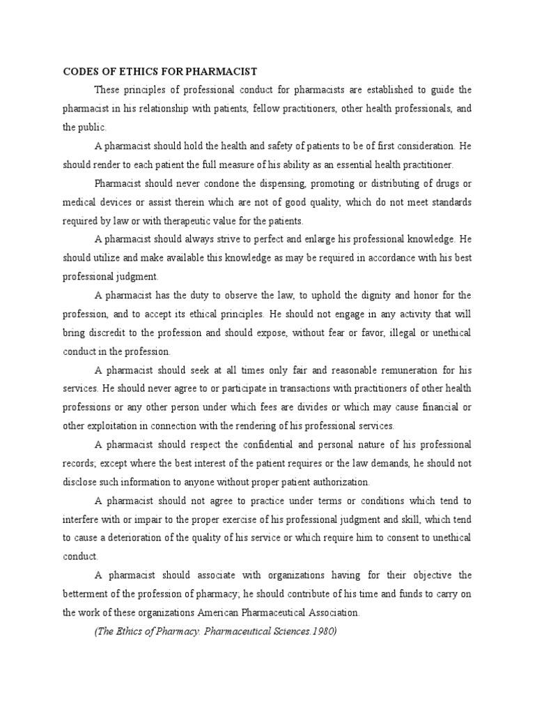 Pharmacist Code of Ethics Guidelines | PDF | Pharmacy | Physician