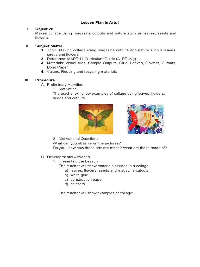 Lesson Plan in Arts I (Collage) - March 13, 2018 | PDF | Collage ...