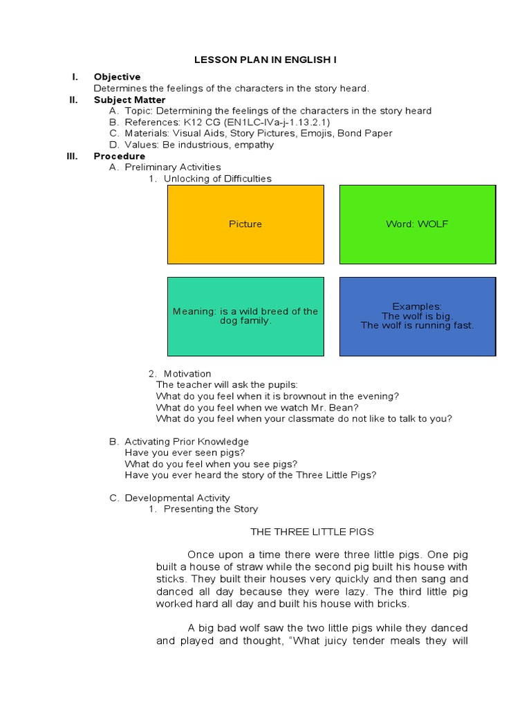 Lesson Plan in English I (Determine Feelings) - March 5, 2018 | PDF