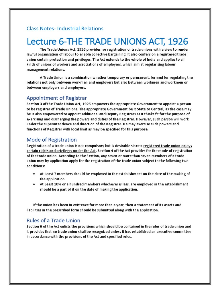 Overview of the Trade Unions Act, 1926 | PDF | Trade Union | Tort