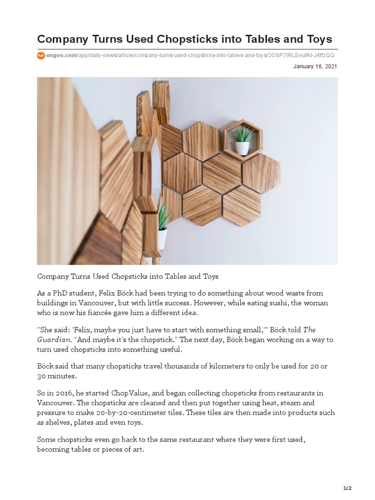 Company Turns Used Chopsticks Into Tables and Toys | PDF