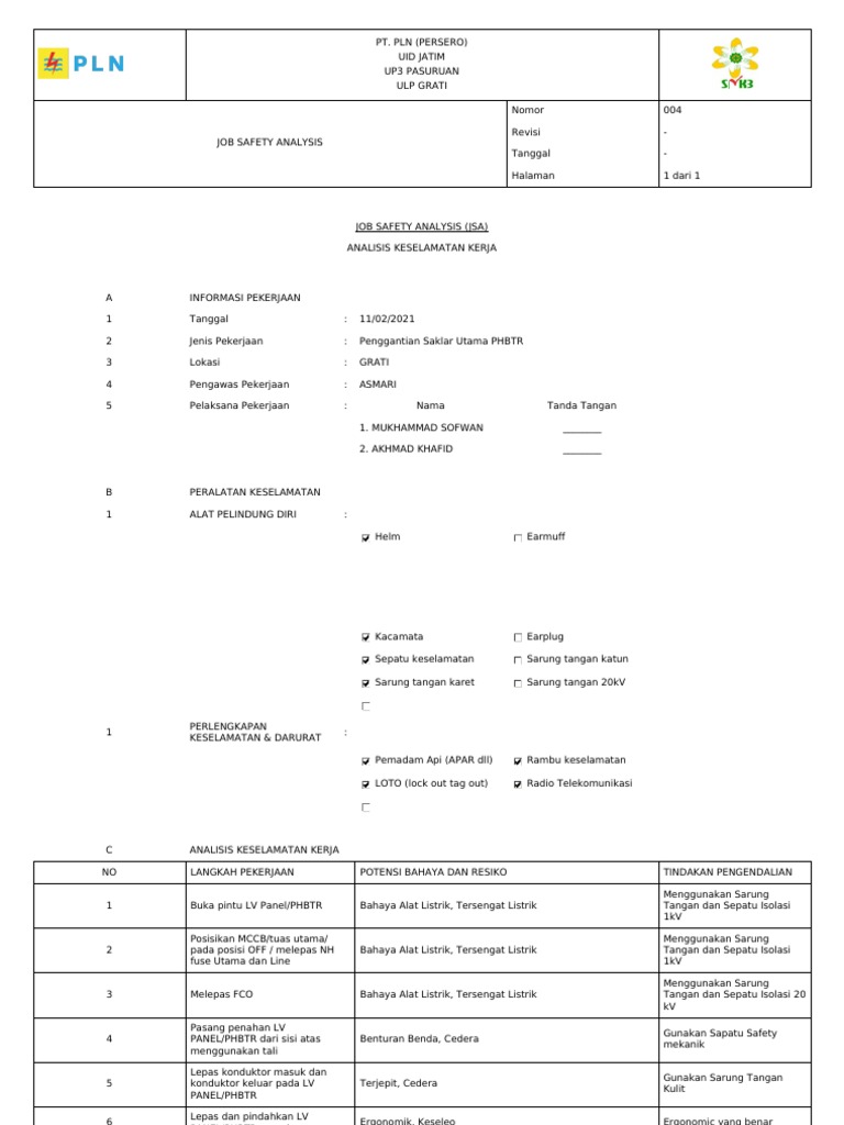 Penggantian Saklar Utama PHBTR 2021-02-11 Dokumen-K3 Jsa | PDF