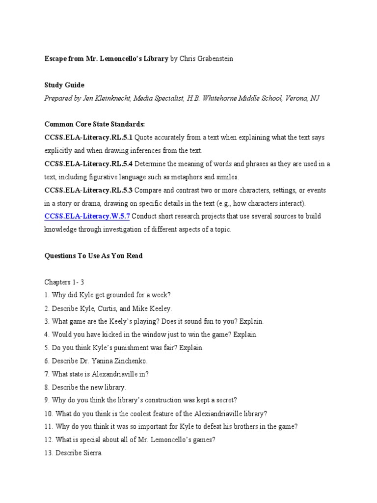 Escape From MR Lemoncellos Library Study Guide | PDF | Library And Museum