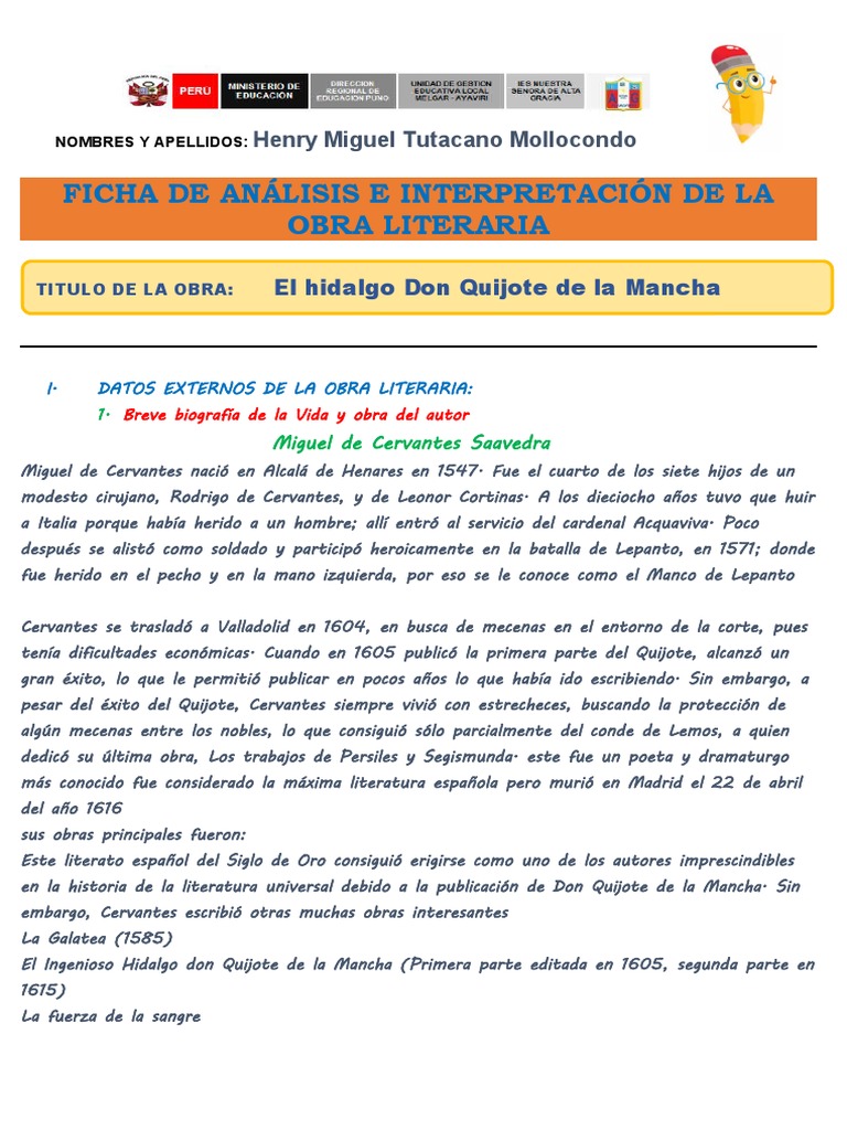 FICHA DE ANALISIS LITERARIO Quijote de La Mancha | PDF | Miguel De ...