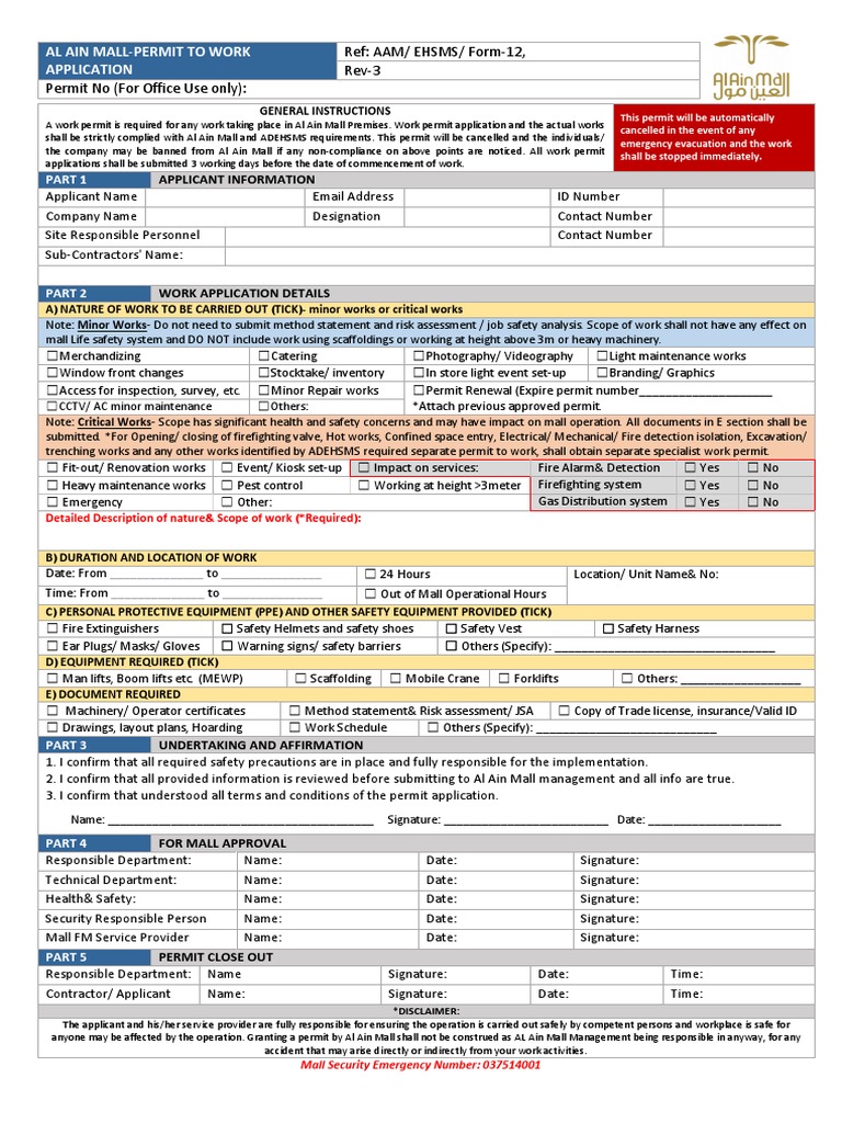 Al Ain Mall-Permit To Work Application: Ref: AAM/ EHSMS/ Form-12, Rev-3 ...