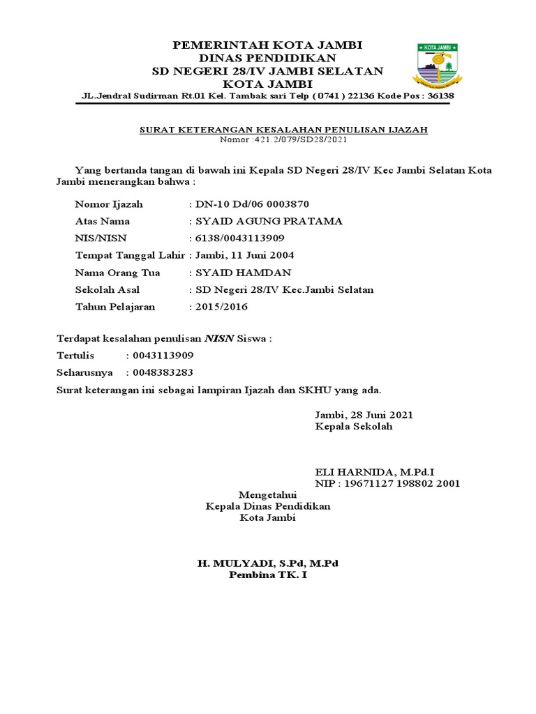 Surat Nisn Perbaikan | PDF