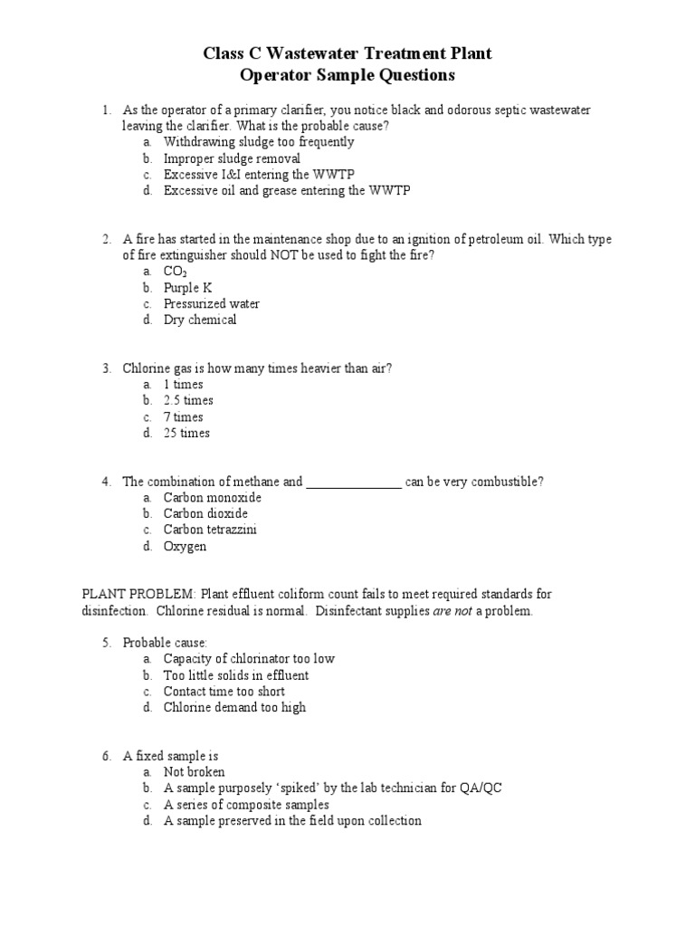 Class C Wastewater Treatment Plant Operator Sample Questions | PDF ...