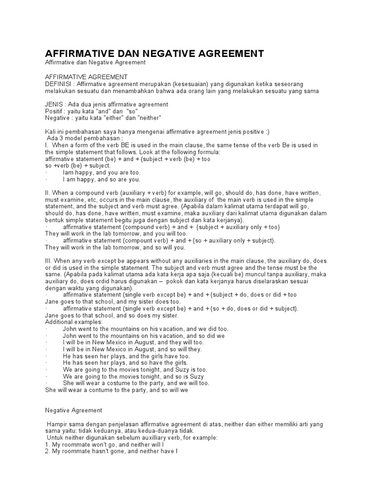 Affirmative Dan Negative Agreement | PDF | Verb | Linguistic Typology