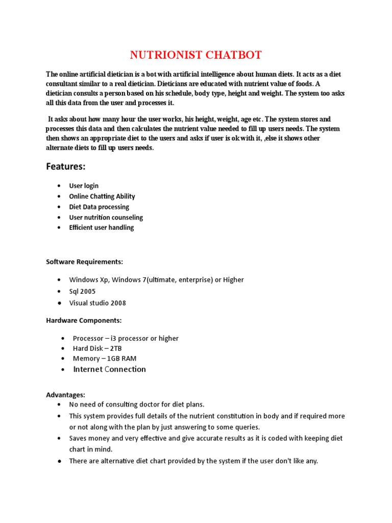 Nutrionist Chatbot: Features | PDF | Dietitian | Diet (Nutrition)