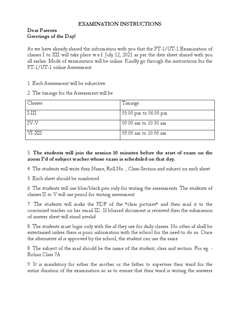 Examination Instructions Dear Parents Greetings of The Day! | PDF ...