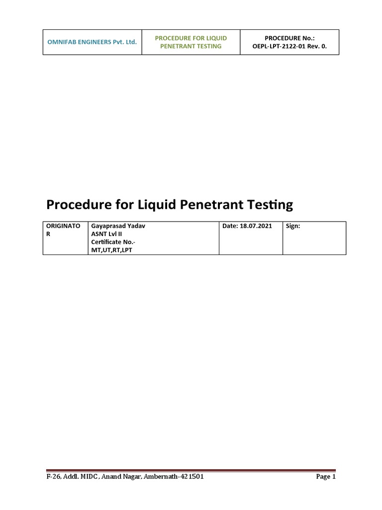 Procedure For Liquid Penetrant Testing: Omnifab Engineers Pvt. LTD ...