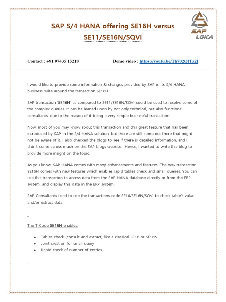SAP S/4 HANA Offering SE16H Versus SE11/SE16N/SQVI:: +91 97435 15218 ...