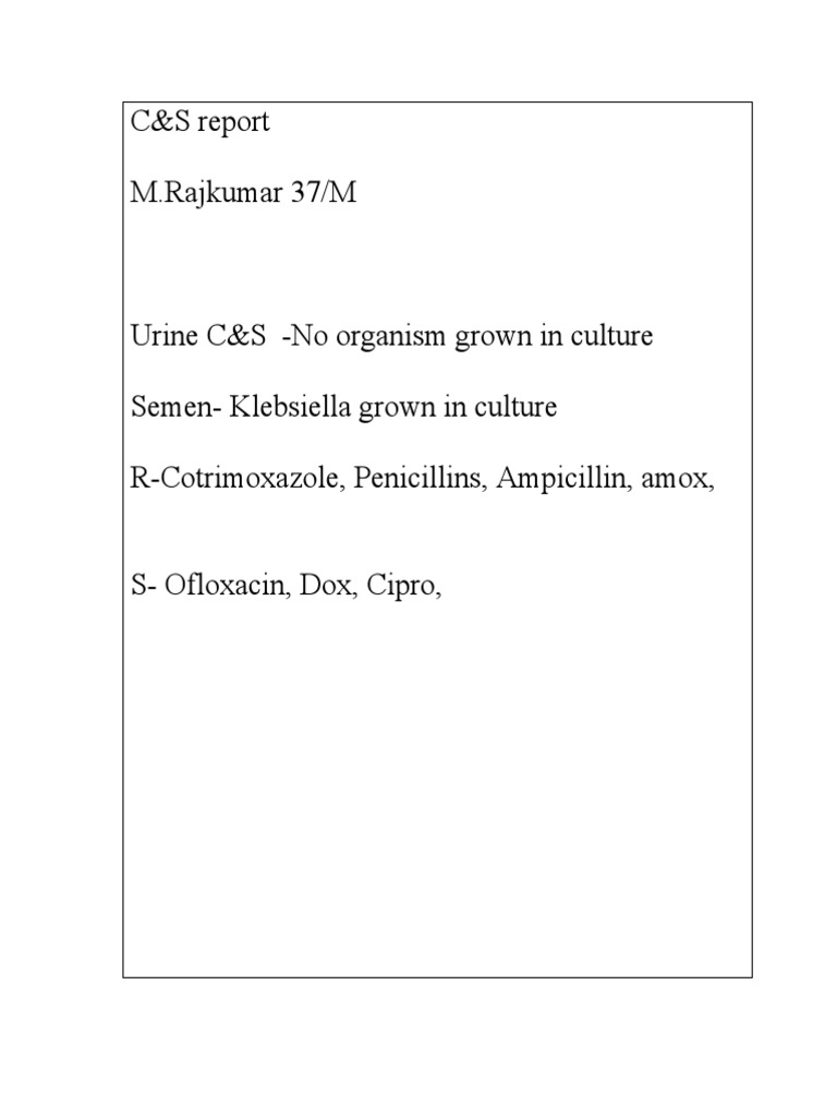 Urine & Semen C&S Report Shows Klebsiella & Antibiotic Sensitivities | PDF