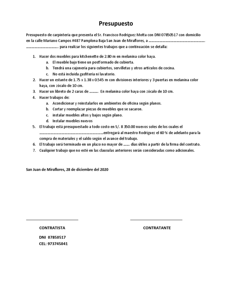 Presupuesto De Carpinteria 2020 Pdf