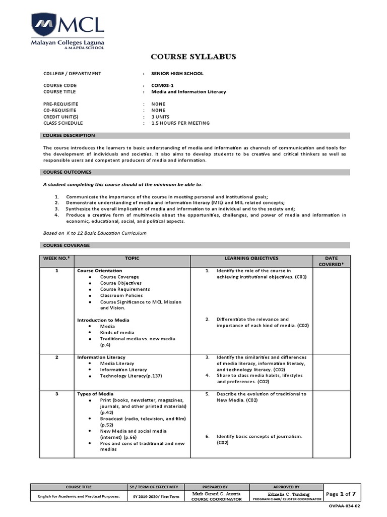 Course Syllabus:: Senior High School: COM03-1: Media and Information ...