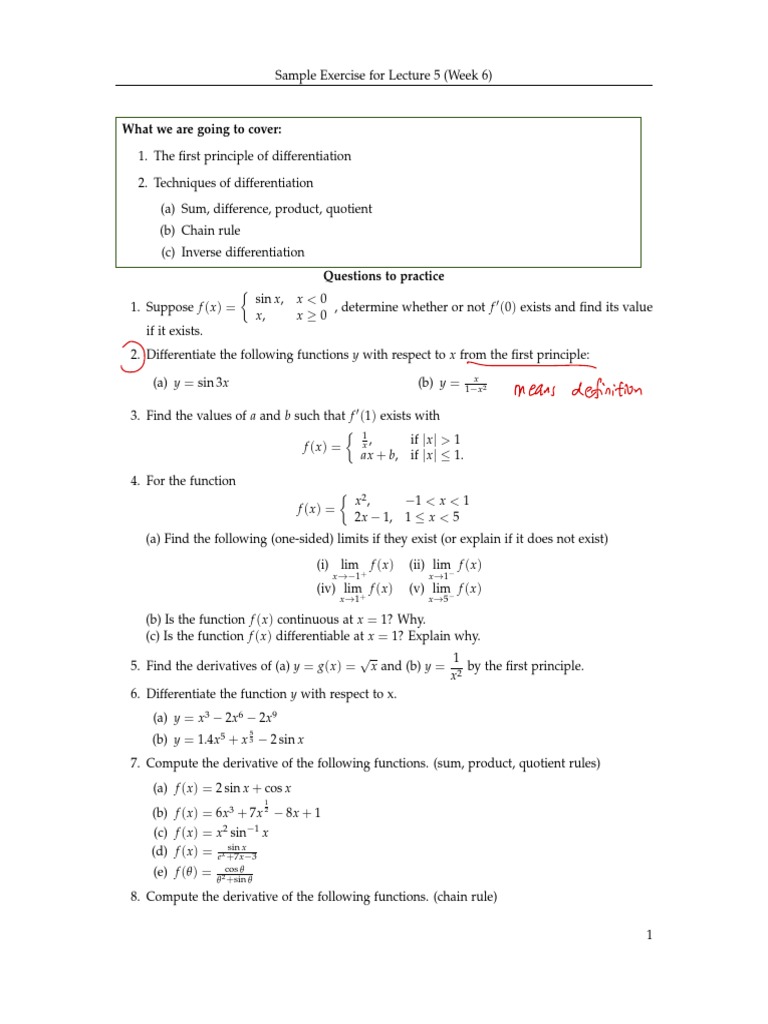 Calculus Differentiation Exercises | PDF | Derivative | Trigonometric ...