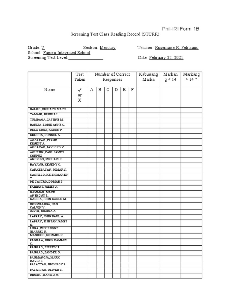 Screening Test Class Reading Record | PDF
