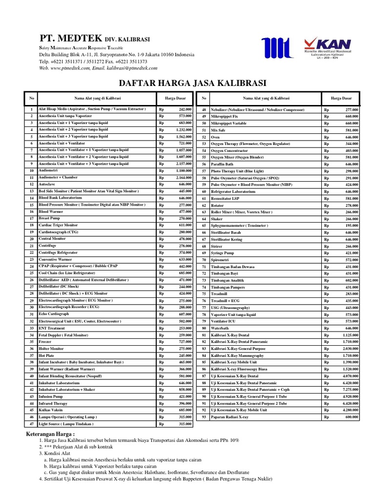 C2. Price List Kalibrasi PT. Medtek. | PDF | Medical Equipment | Medicine