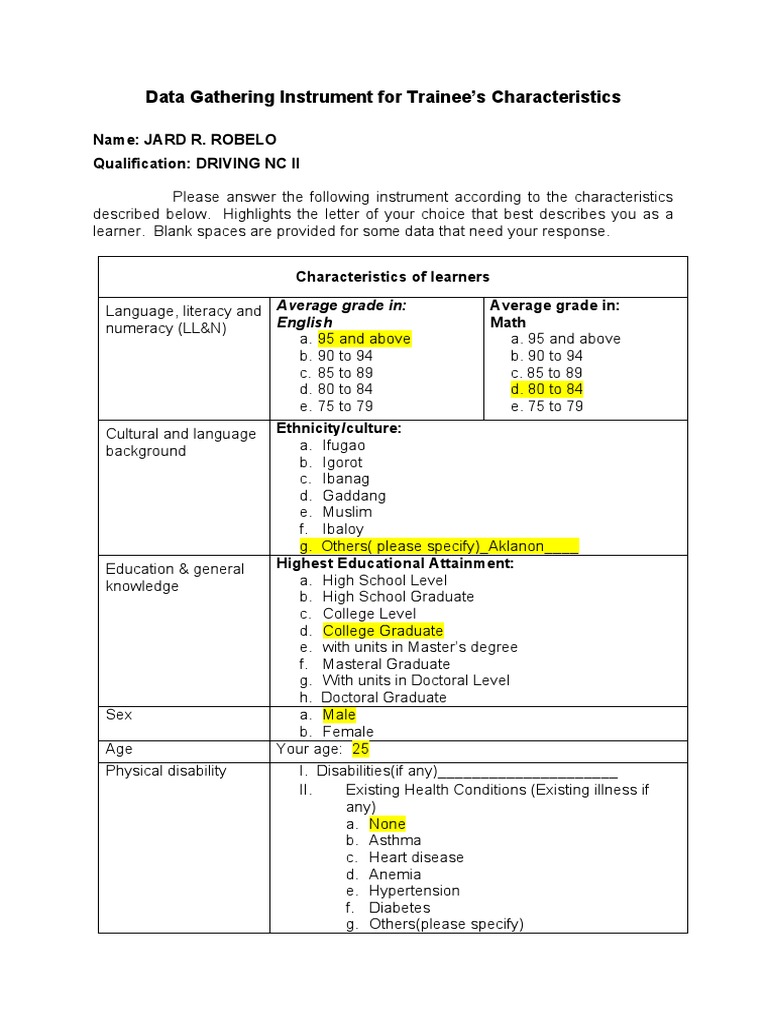 Data Gathering Instrument For Trainee's Characteristics: Name: Jard R ...