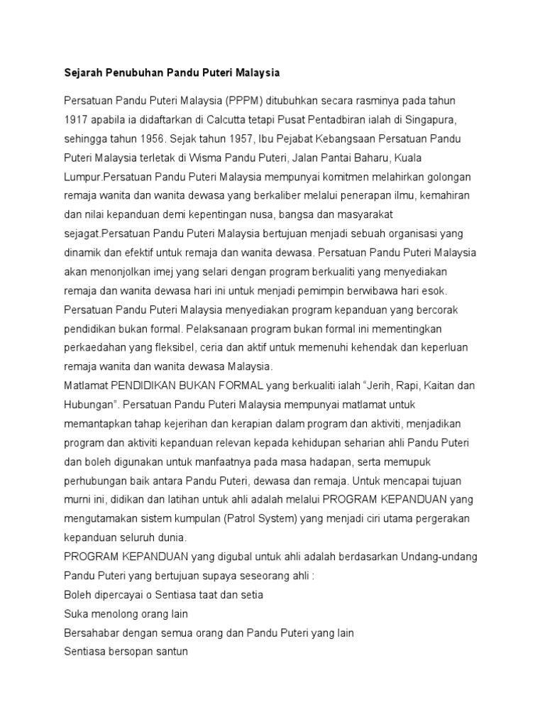 Sejarah Penubuhan Pandu Puteri Malaysia | PDF